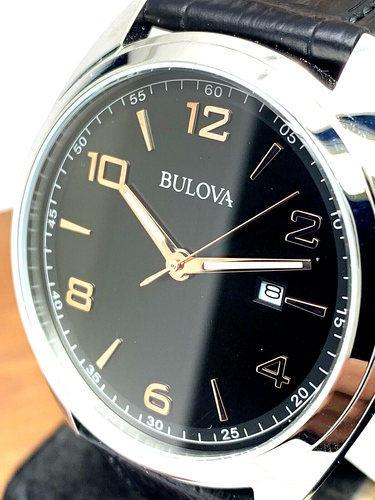 Bulova Men's Watch 98B367 Quartz Black Dial Date Silver Case Leather ...