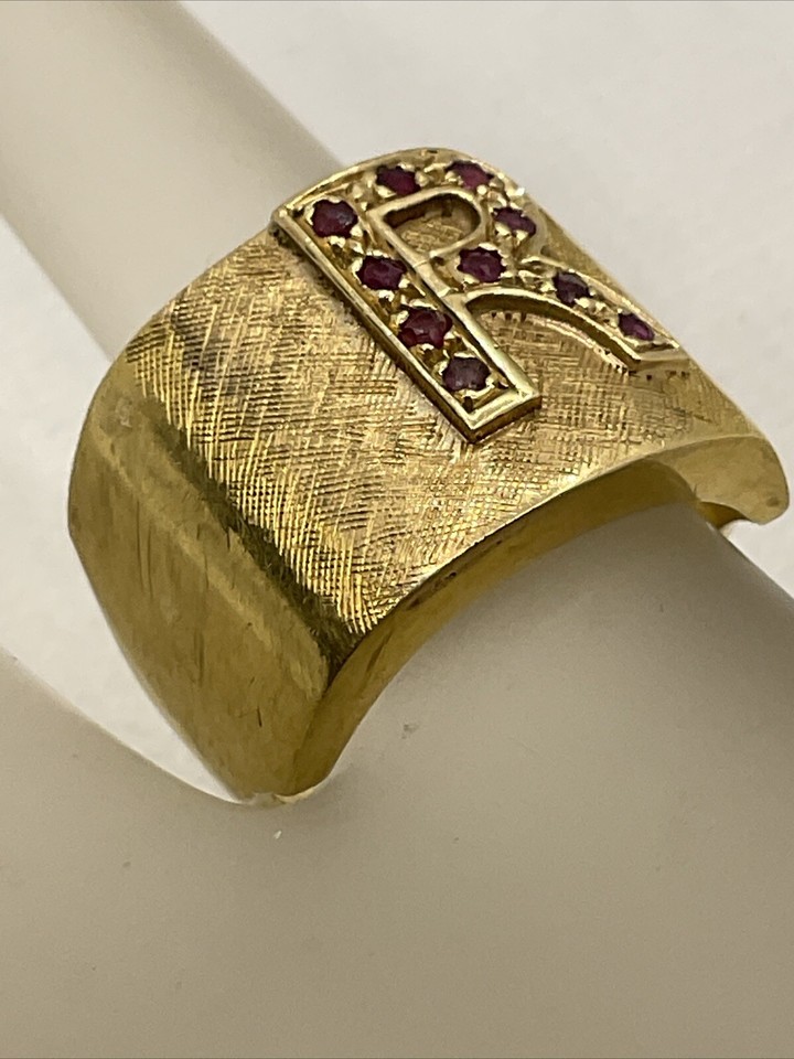 Solid 18K Yellow Gold Ruby Accents INITIAL LETTER “R” MEN’S SIGNET Ring ...