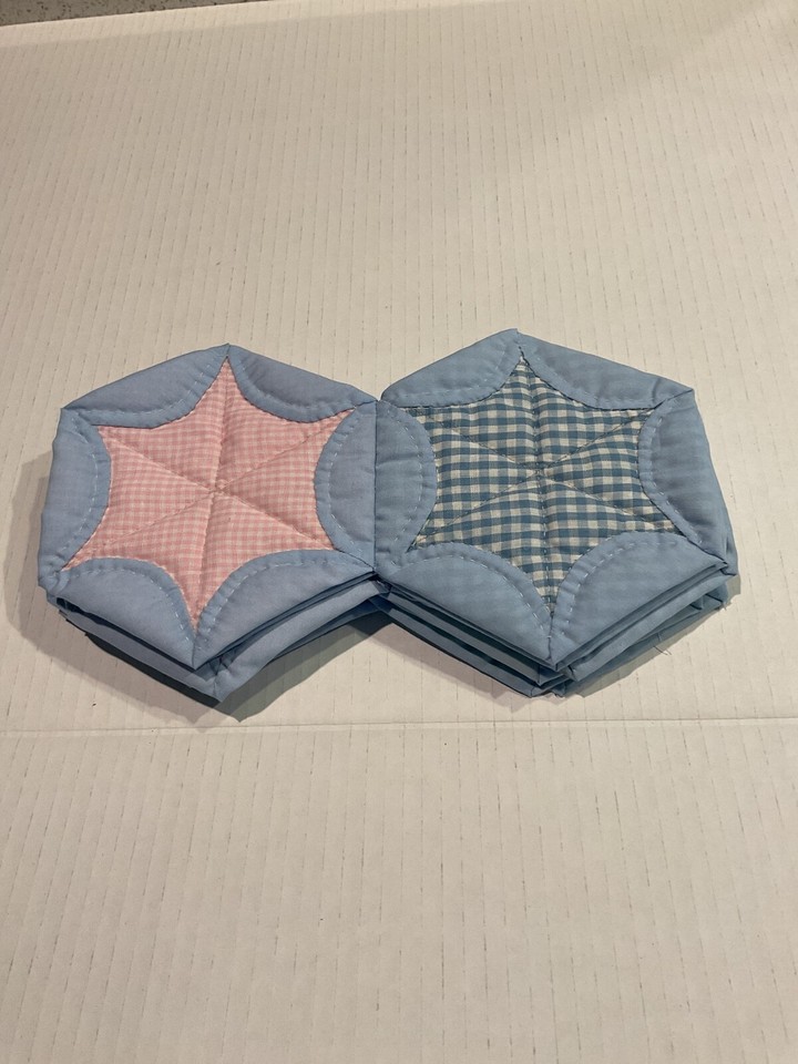 Folded hexi quilt blocks lot of 7 double blocks light blue backs and ...