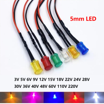 5/10 Pcs 5mm Prewired LED Light Emitting Diode With Light Cover 3V 5V ...