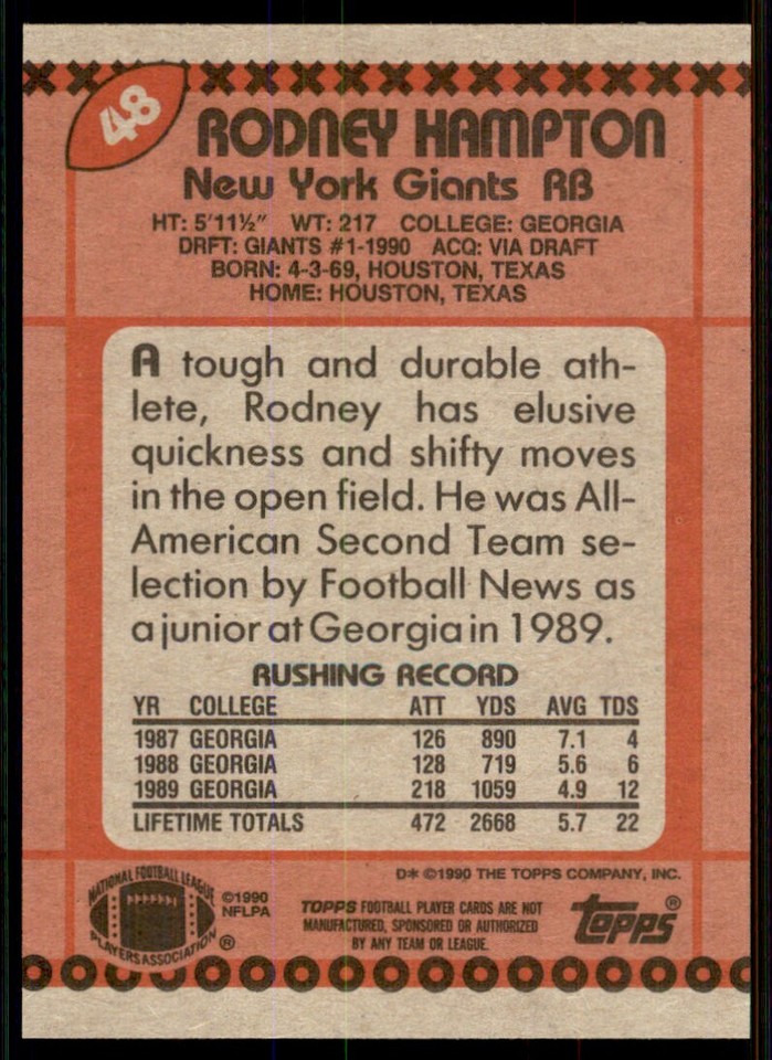 1990 Topps Draft Picks Rodney Hampton Rookie New York Giants #48 | eBay