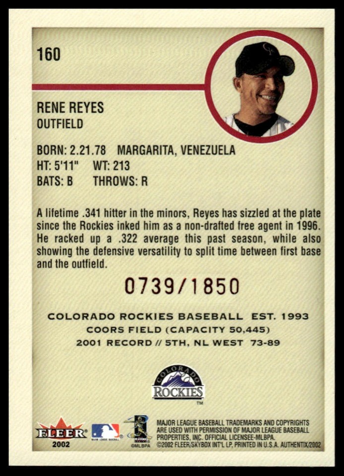 2002 Fleer Authentix #160 Rene Reyes #/1850 | eBay