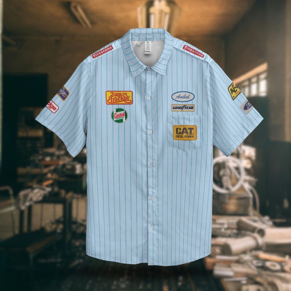 Vintage Work Style Mechanic Casual Button Shirt Printed Fake Patches ...