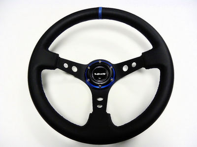 350MM VMS RACING DEEP DISH STEERING WHEEL BLACK LEATHER BLUE STITCHING ...