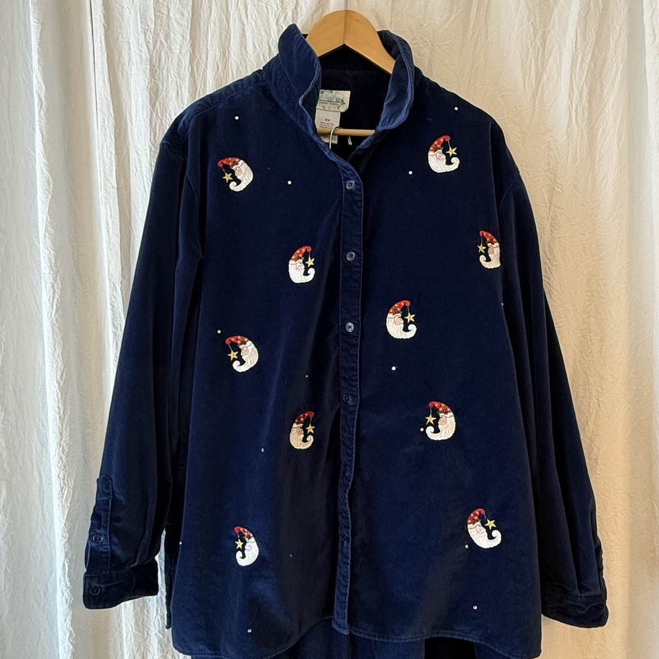 Quacker Factory Velour Shirt Pants Set 2X Santa Moon Embroidered Blue ...