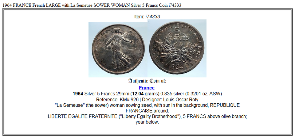 1964 FRANCE French LARGE with La Semeuse SOWER WOMAN Silver 5 Francs ...