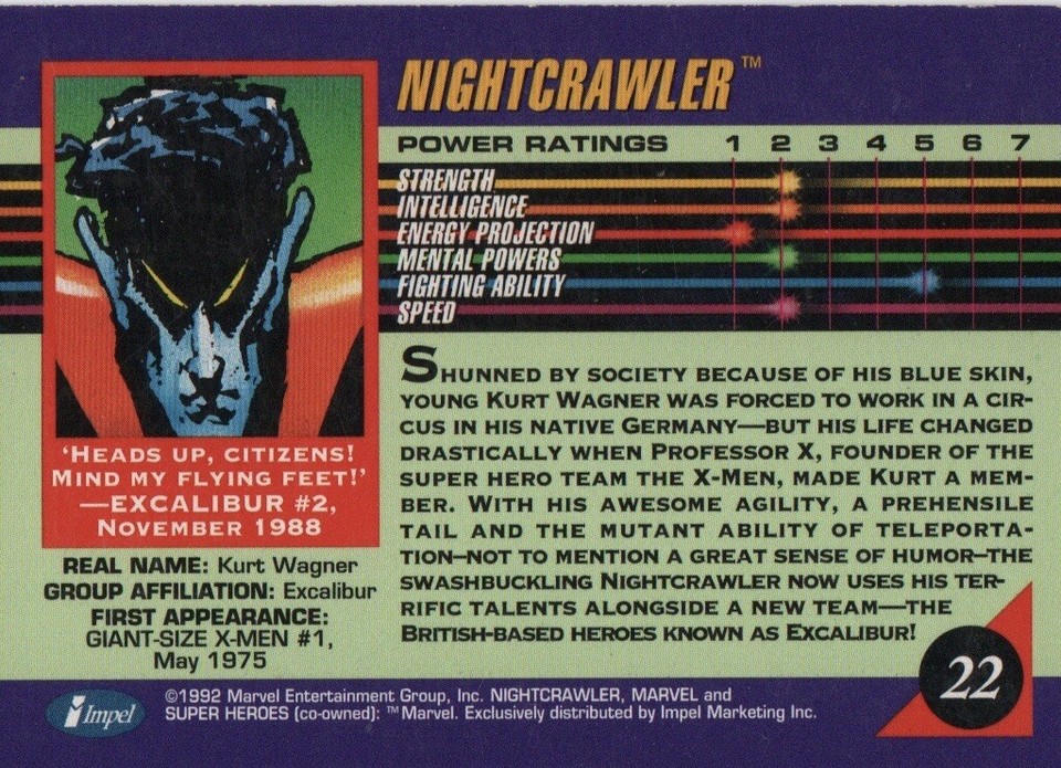 22 Nightcrawler Super Heroes Impel Marvel 1992 Trading Card TCG CCG | eBay