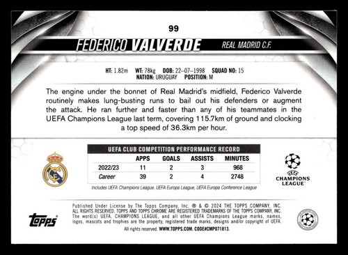 Federico Valverde 2023-24 Topps Chrome UEFA Club Competitions #99 Real ...