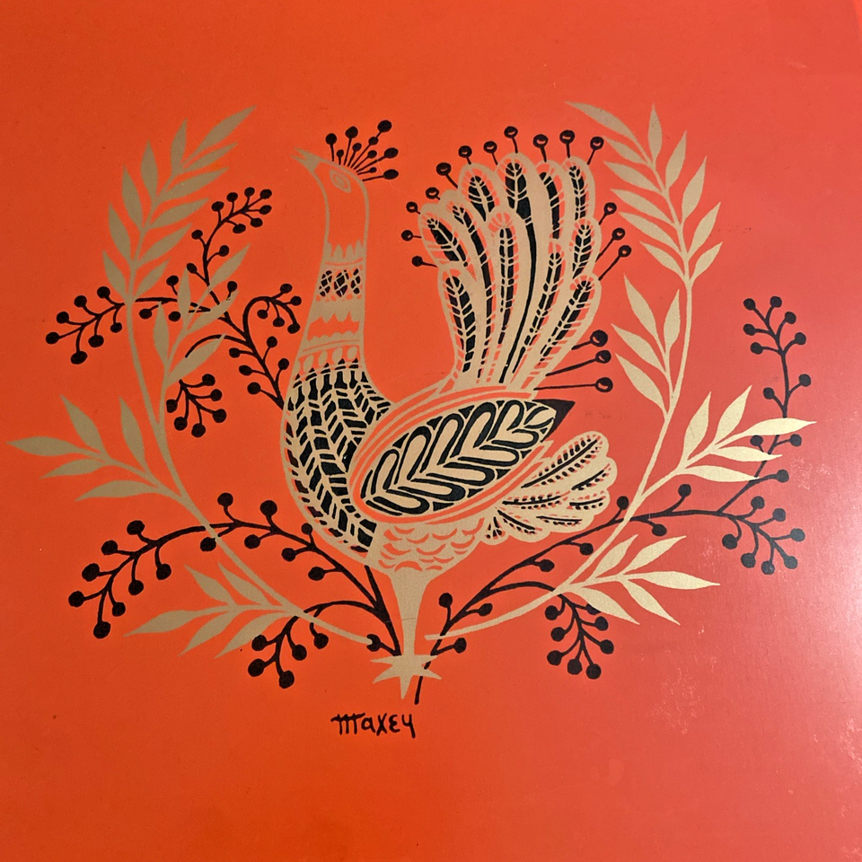 Vintage Maxey Tray Red Gold Black Peacock Folk Art Metal 13"x13" MCM | eBay