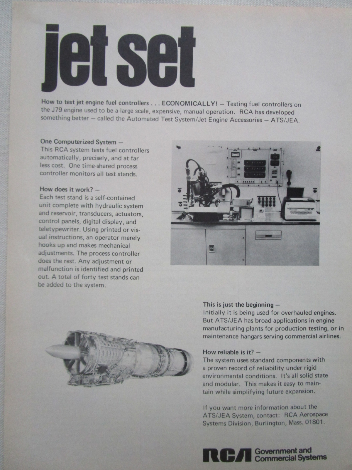9/1972 PUB RCA TEST JET ENGINE FUEL CONTROLLERS J79 ENGINE ORIGINAL AD ...