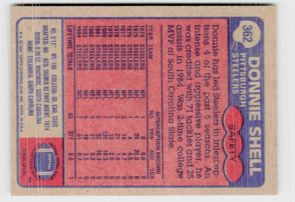 Donnie Shell, 1985 Topps, #362, Pittsburgh Steelers, | eBay