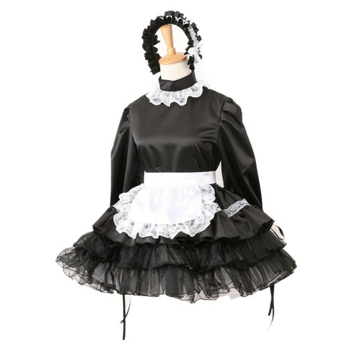 Girly black satin maid outfit lockable dress cosplay costume Tailor ...