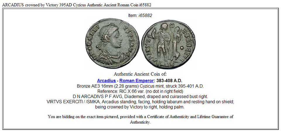 ARCADIUS crowned by Victory 395AD Cyzicus Authentic Ancient Roman Coin ...