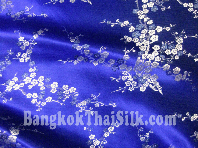 BLUE SILVER CHERRY BLOSSOM DOGWOOD FAUX SILK BROCADE FABRIC MATERIAL ...