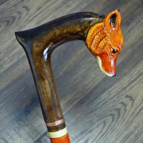Hand Carving Fox Head Walking Stick Cane Wooden Cane Animal Lover ...