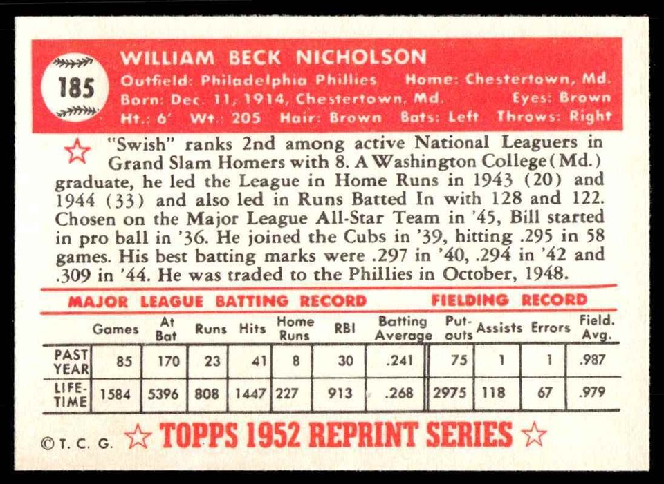 1983 Topps 1952 Reprint Series Bill Nicholson Philadelphia Phillies ...