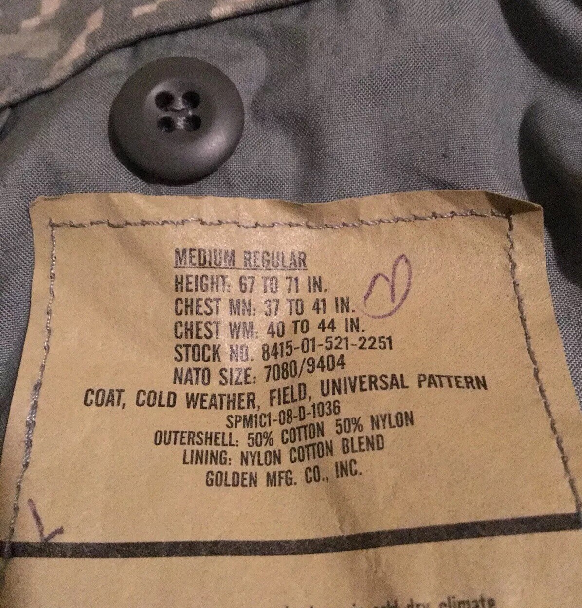 US Army Coat Cold Weather Field Camo Jacket Medium Regular NSN 8415-01 ...