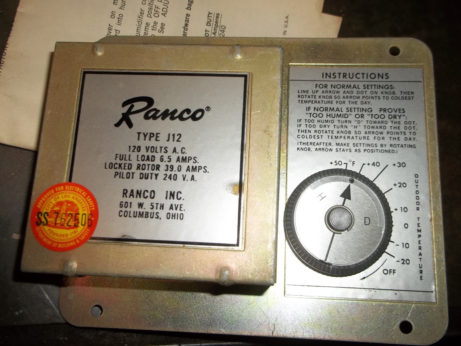 RANCO HUMIDIFIER CONTROL J12-3701 DUCT MOUNTED W/ADJUSTABLE KNOB 120VAC ...