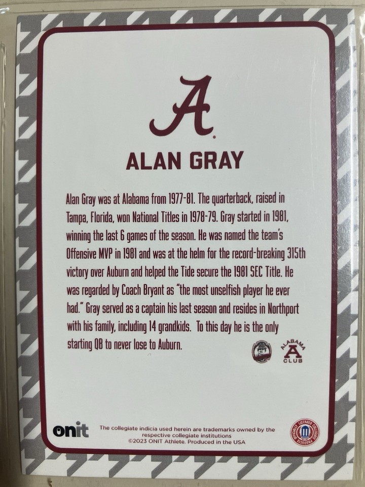 Alabama Football Bryant Museum Honorary Game Captain Alan Gray card | eBay