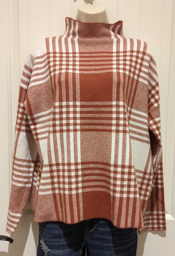 Max Studio Ladies Sz XXL Plaid Sweater Long Sleeve Rust White Plaid ...