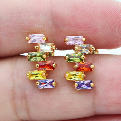 18K Yellow Gold Filled Women Irregular Multicolour Rectangle Topaz Stud ...