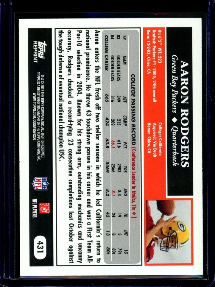 2005 Topps #431 Aaron Rodgers Rookie Card RC Packers Reprint 2012 | eBay