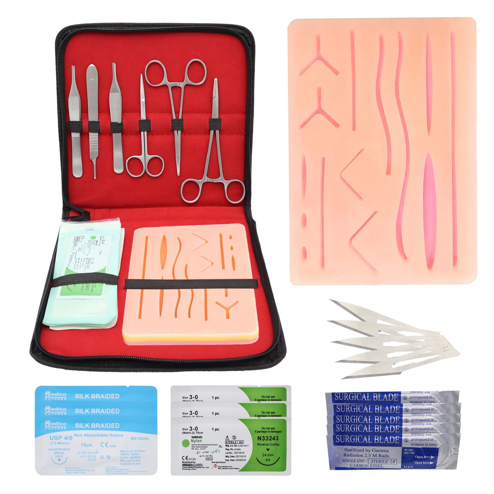 20 Pcs Suture Kit with Scissors Needles and Thread Silicon Pad Student ...