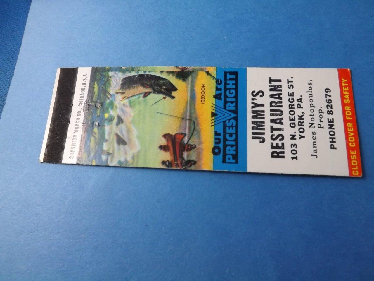 JIMMY'S RESTAURANT HOOKED FISH FISHING YORK PA J NOPOULOS MATCHBOOK ...