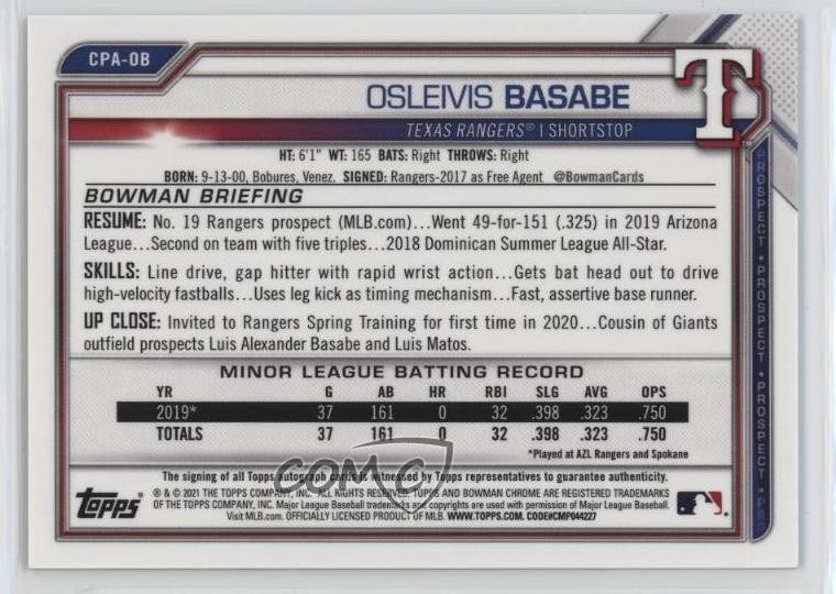 2021 Bowman Chrome Prospect Speckle Refractor 270/299 Osleivis Basabe ...