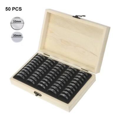 Wooden Coin Storage Box Case With 50 Plastic Capsules Coins Protector ...