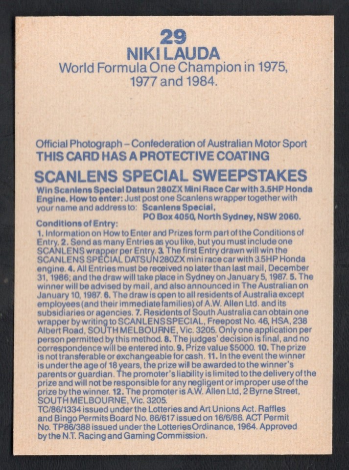 1986 SCANLENS AUSTRALIAN MOTOR RACING CARD - 29 Niki LAUDA [FORMULA ONE ...
