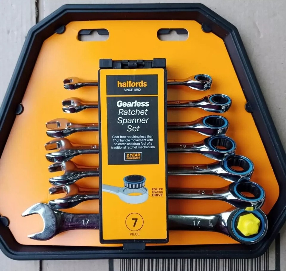 HALFORDS 7 piece GEARLESS RATCHET SPANNER SET 8, 10, 12, 13, 14, 15 ...