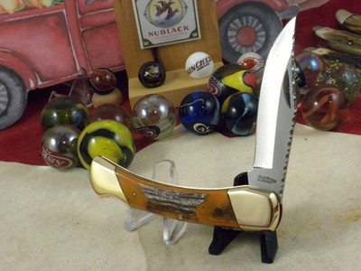 CUSTOM SCHRADE LB7 ST FOLDING HUNTER KNIFE NO BOX STAG NEAR MINT FILE ...