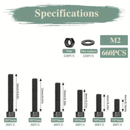 660pcs M2 Screws, Metric Screws M2 * 4mm/6mm/8mm/10mm/12mm/16mm, Grade ...