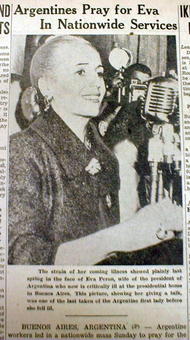 1952 newspaper ARGENTINA 's "Evita" EVA PERON DEATH fm CANCER Wife of ...