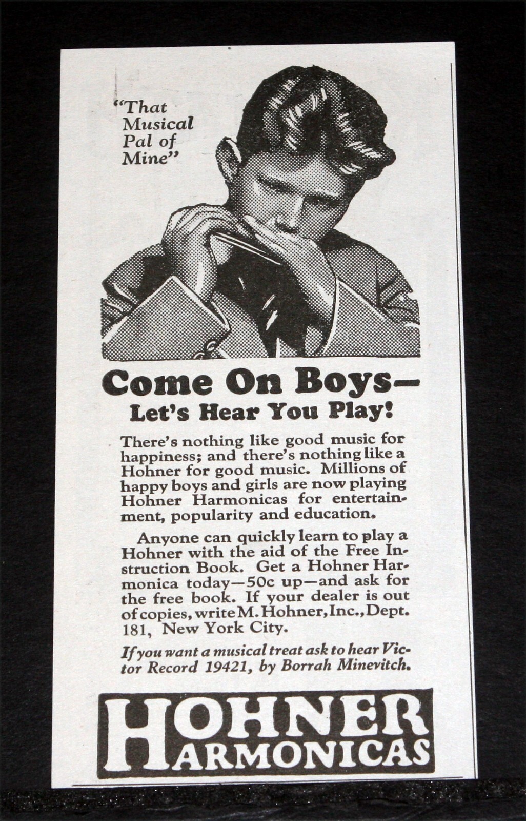 1924 OLD MAGAZINE PRINT AD, HOHNER HARMONICAS, COME ON BOYS, LETS HEAR ...