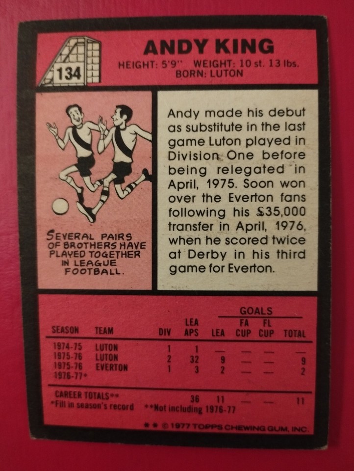Topps Red Back Football Cards 1977 #134 Andy King - Everton | eBay