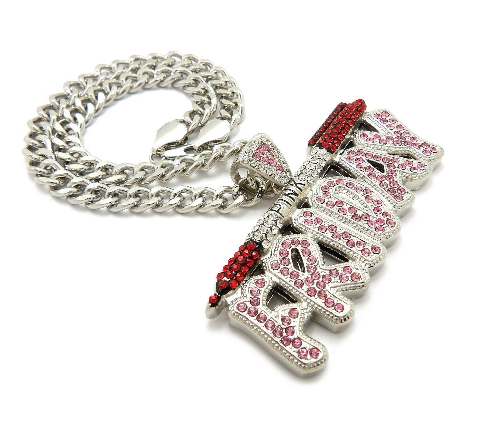 WOMEN'S HIP HOP ICY PINK FRIDAY PENDANT 10mm 18" 20" CUBAN CHOKER CHAIN ...