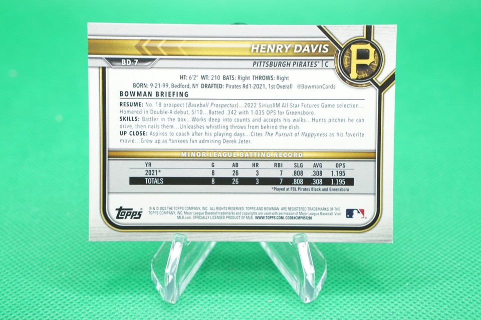 2022 Bowman Draft Base Blue SP /150 #BD-7 Henry Davis Pittsburgh ...