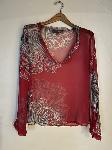 Tysa Boutique 100% Silk Blouse, Red & Gray Feather, Bell Cuff, Deep V ...