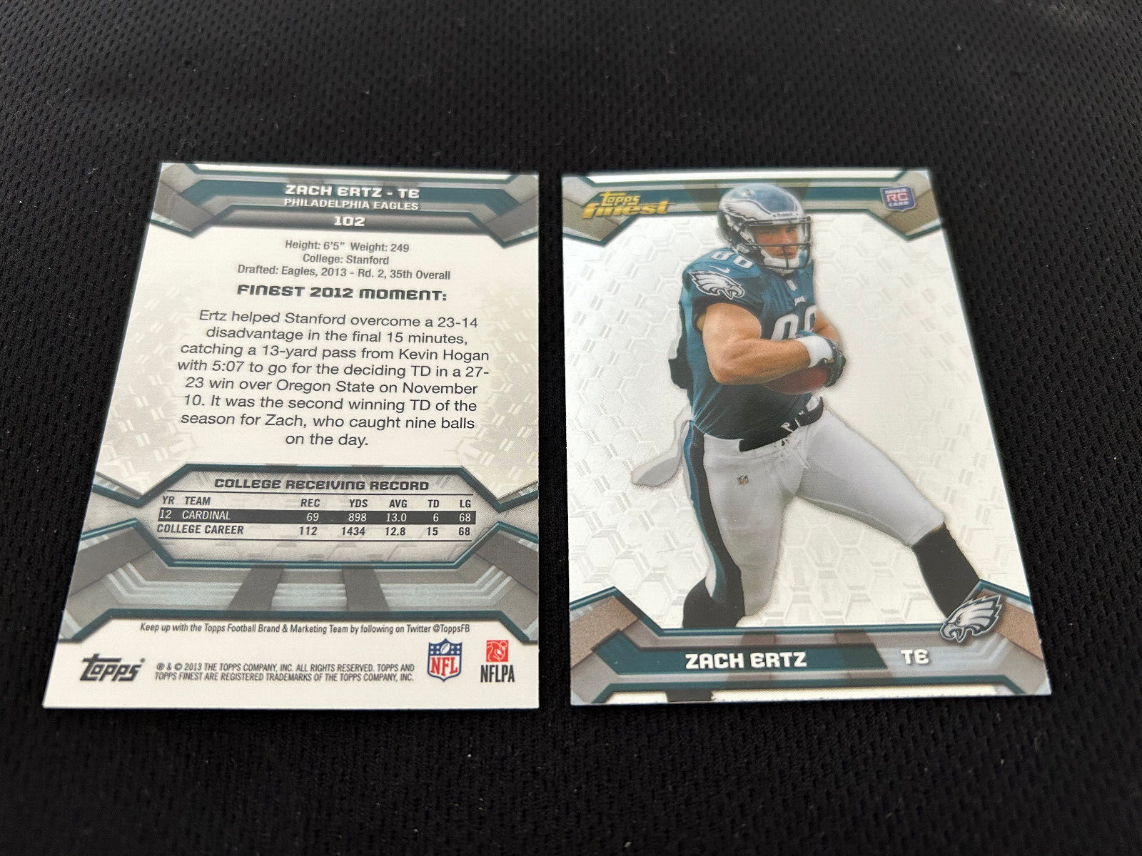 ZACH ERTZ ROOKIE TOPPS FINEST 2013 PHILADELPHIA EAGLES #102 RC FOOTBALL ...