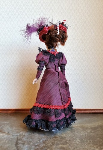 Dollhouse Victorian Doll Porcelain Fancy Maroon Dress and Hat 1:12 ...