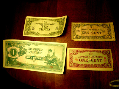 JAPANESE GOVERNMENT WWII 1 Rupee ; 1 CENT EEN CENT AND 10 CENT 4 Notes ...