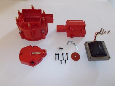 6 CYLINDER RED HEI Distributor Cap, Coil Cover & Rotor Kit & 65k Volt ...