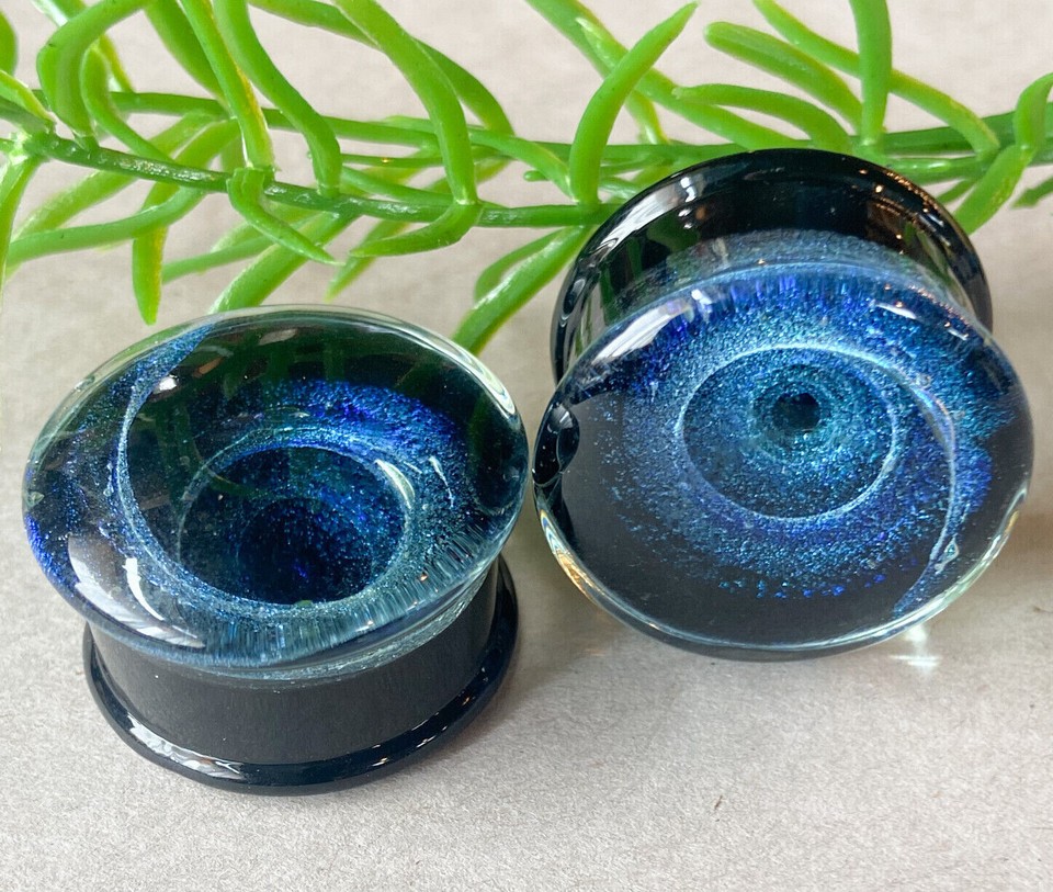 PAIR Blue Vortex Swirl Design Pyrex Glass Plugs Gauges Body Jewelry | eBay