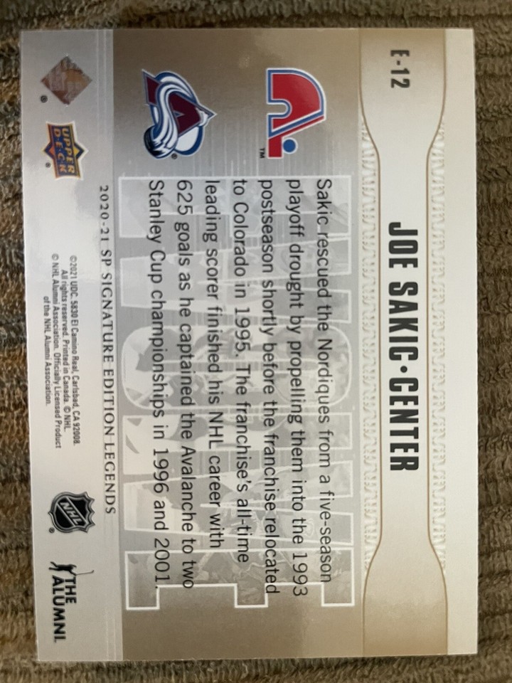 2020-21 UD SP Signature Edition Joe Sakic EVOLVE GOLD 69/99 Avalanche E ...
