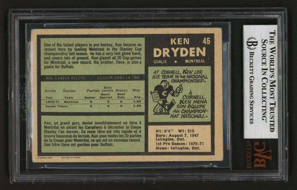 1971 OPC #45 KEN DRYDEN ROOKIE CARD BGS~BVG 2.5 GOOD-VERY GOOD | eBay