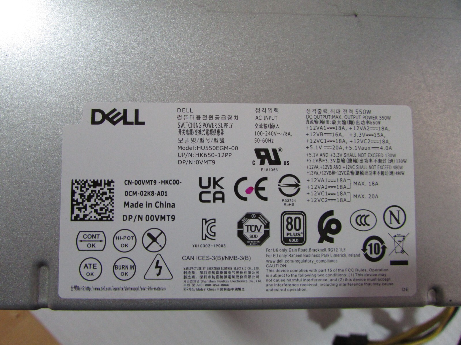 Dell Precision 3640 / Alienware R10 550W Power Supply HU550EGM-00 0VMT9 ...