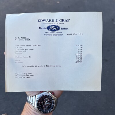 1930 Ford Dealer Sales Receipt for 1930 Ford Tudor Sedan Edward Graf ...