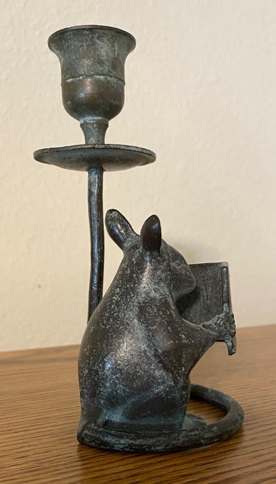 Vintage green patina metal Mouse Reading a Book Candle Holder - 5-1/2 ...